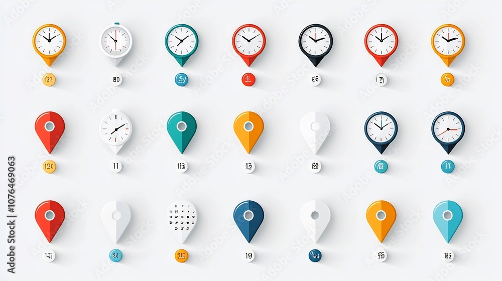 Colorful set of icons featuring modern symbols for location time and date such as map pins ...