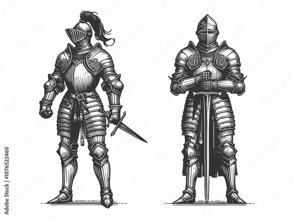 medieval knight in full plate armor, classic armor design with lion ...