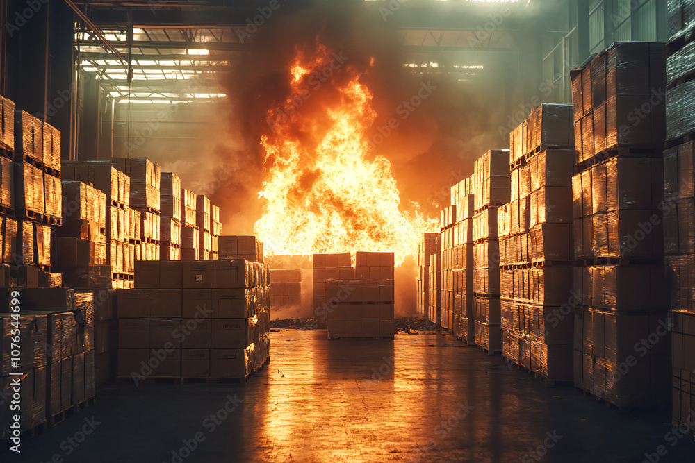 Fire in a warehouse. Spreading fire in a warehouse filled with boxes ...