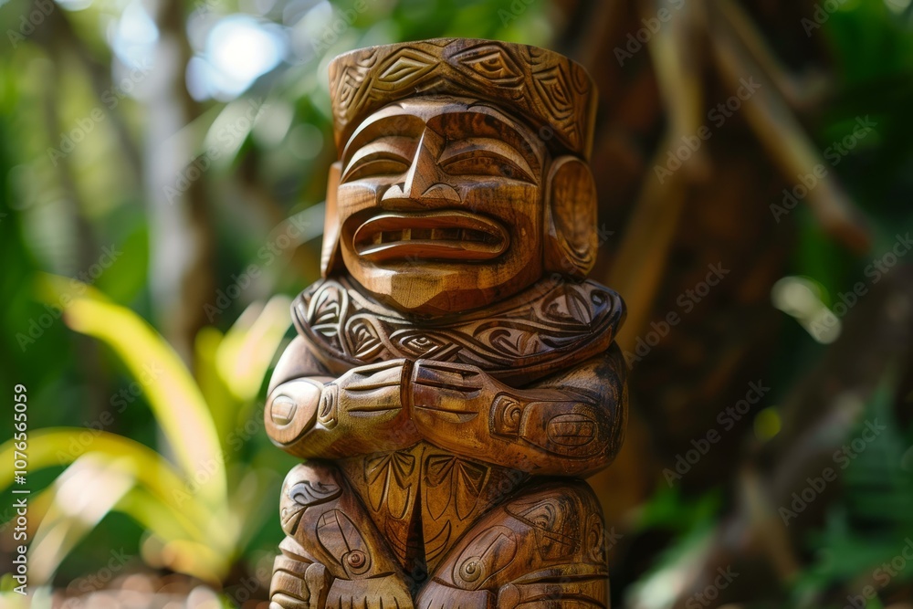Hand carved polynesian wooden tiki statue representing a deity or ...