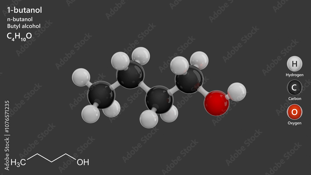 Molecule: 1-Butanol or Butyl alcohol. Molecular structure. Formula: C4H10O. Chemical model: Ball ...