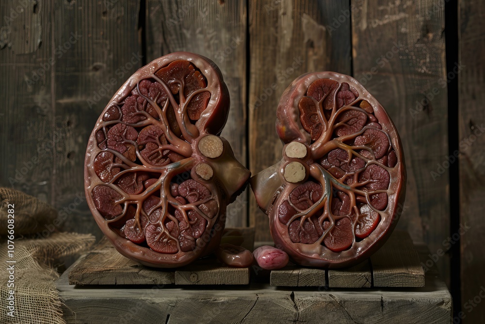 Dissected pig kidneys revealing internal anatomy for zoology or medical ...