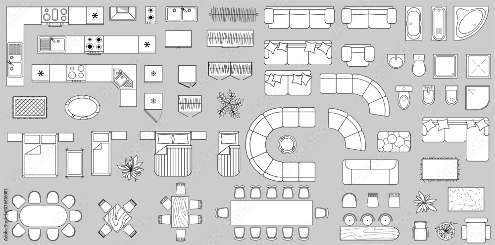 Furniture outline top view for floor plan. Set of isolated linear icons ...