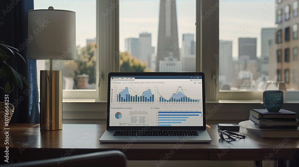 Laptop displaying real-time business analytics and predictive growth ...