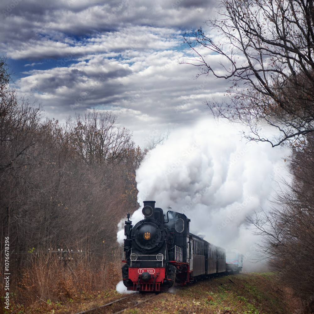 Bershad, Ukraine – November 4, 2023: an old steam locomotive releases ...