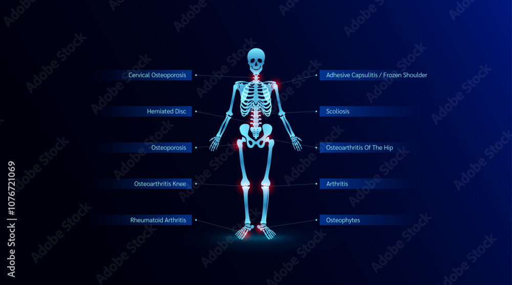 Human skeletal anatomy on dark background. Bone disease infographic ...