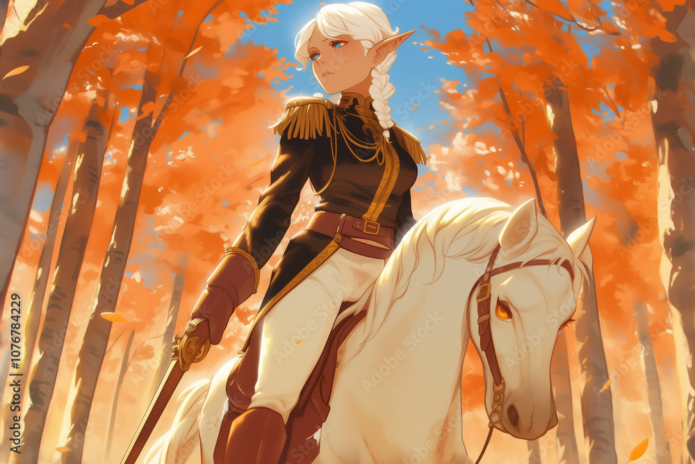 Anime female elf with a musket riding her white horse in an autumn ...