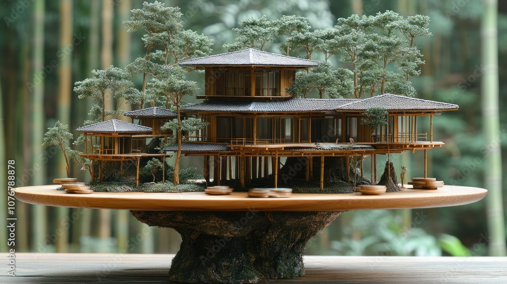 Detailed wooden model of a Japanese style treehouse with multiple ...