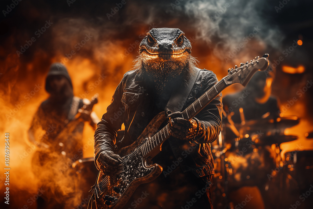 Rock band lizards geckos playing on a bass guitars a hard rock concept ...