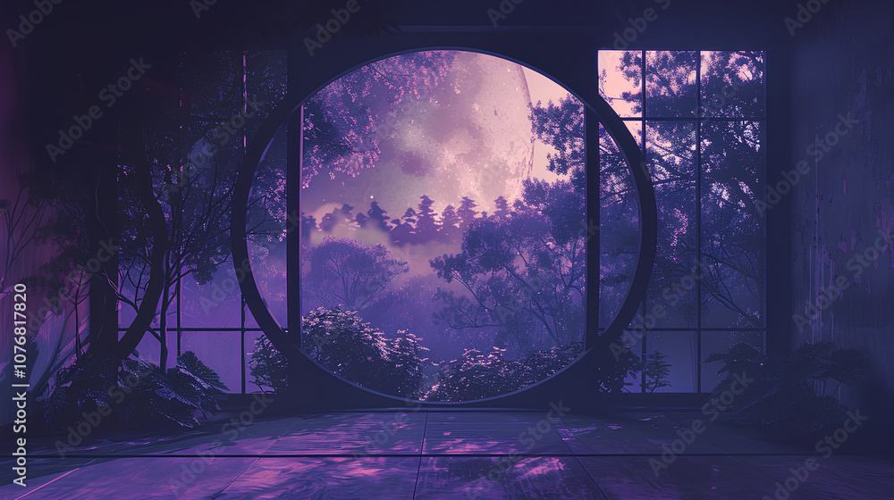 dark purple room with a large circular window, offering a view of the ...