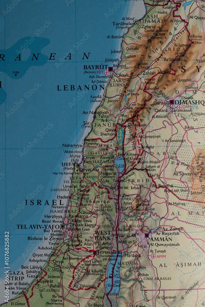 Physical map showing Lebanon, Israel, Gaza Strip, West Bank, western ...