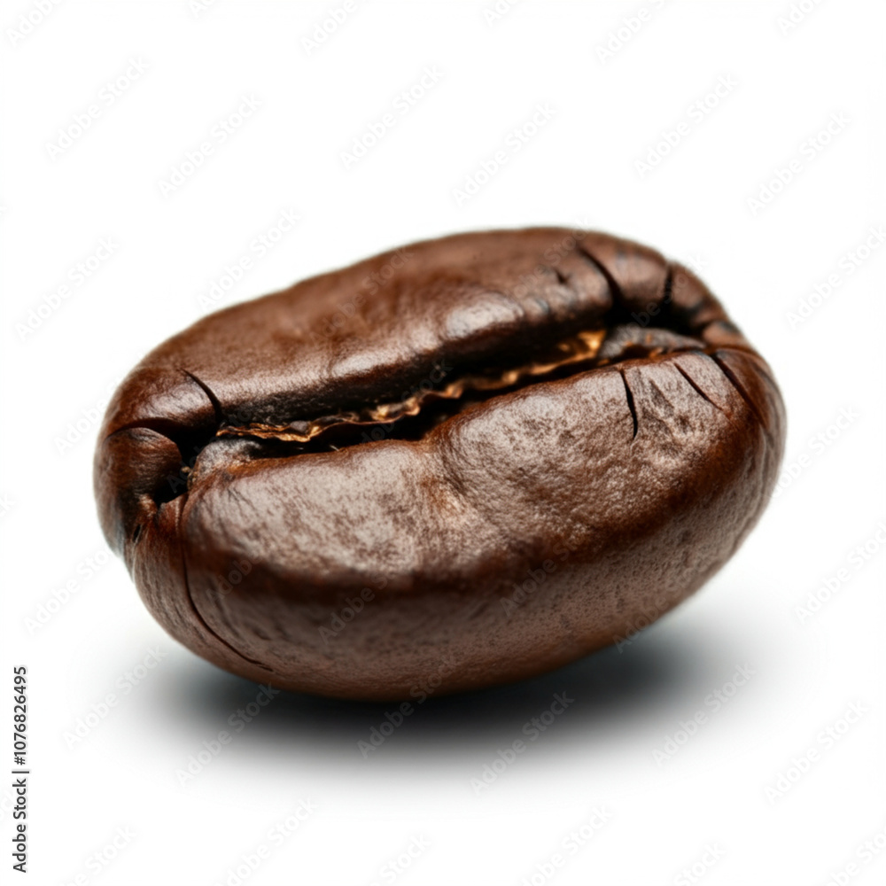 A single robusta coffee bean, zoomed in to capture its rounder, more ...