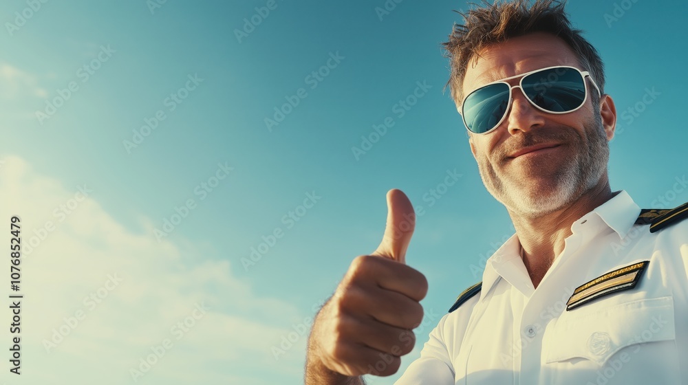 A well-dressed pilot stands on deck, sporting sunglasses and a crisp ...