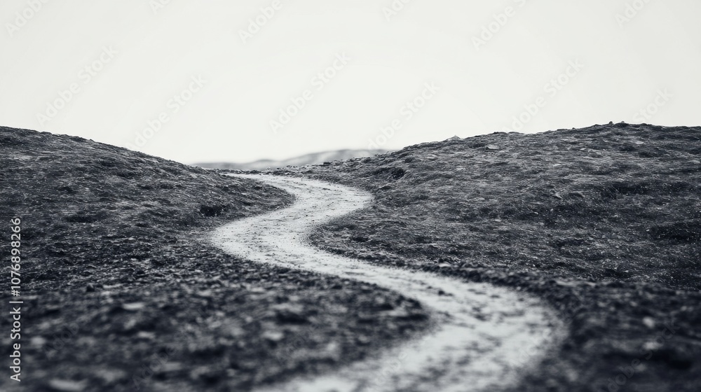 Serpentine Pathway Through Rugged Terrain Captured in Monochrome Beauty ...