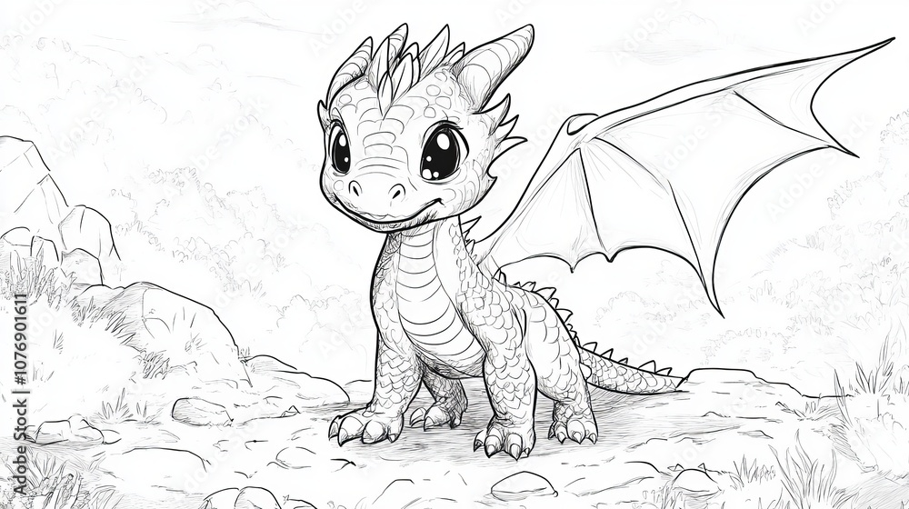 Hand-Drawn Cute Fantasy Dragon Coloring Page - Outline for Children’s ...