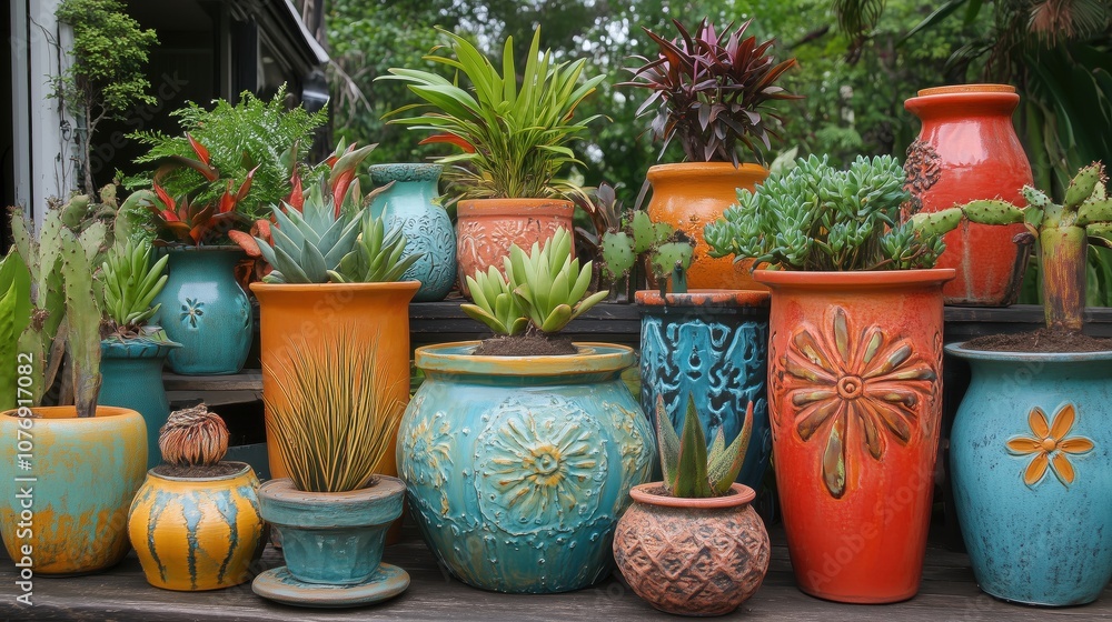 A collection of colorful pots and vases with plants in them. The pots ...