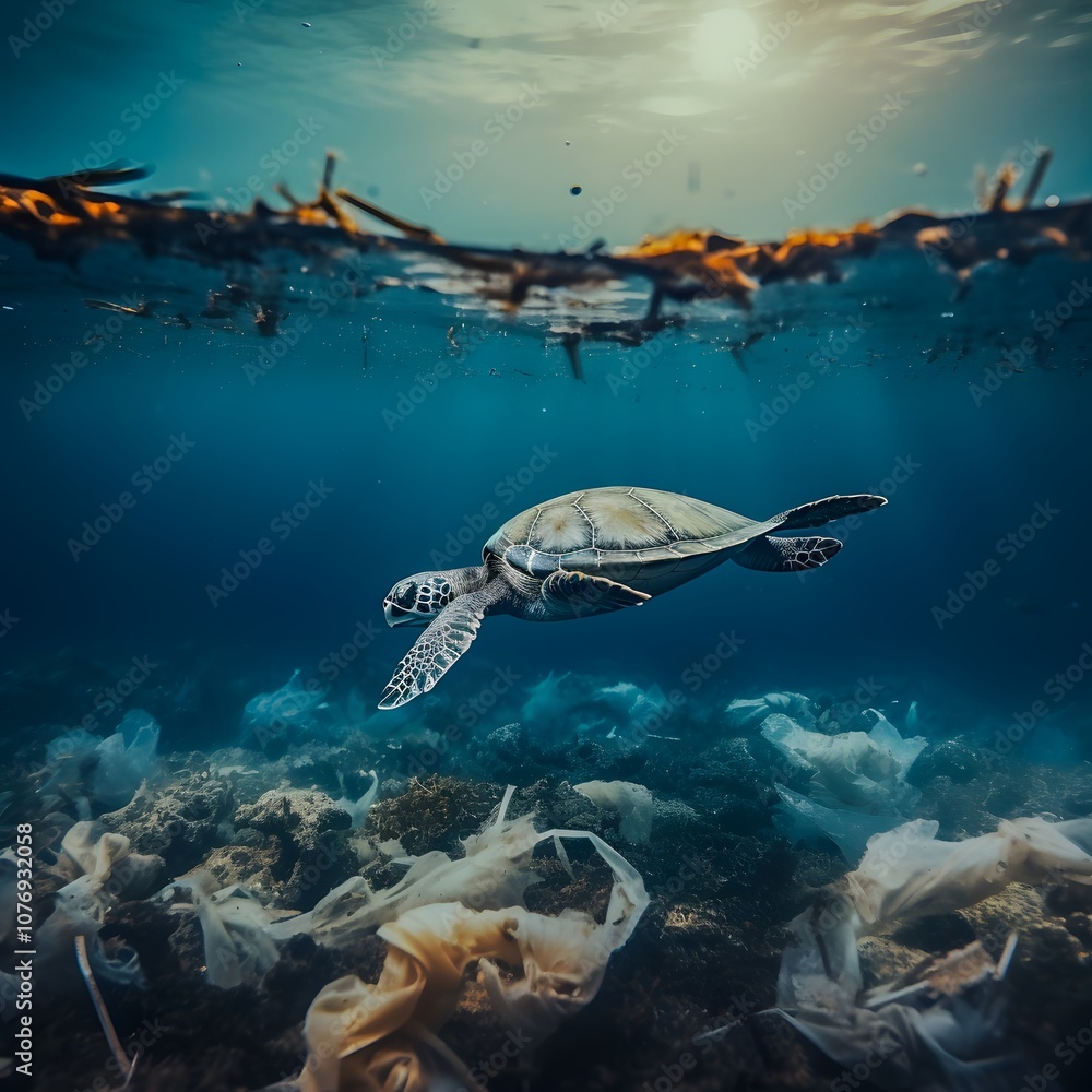 Polluted ocean filled with floating plastic waste, a single sea turtle ...