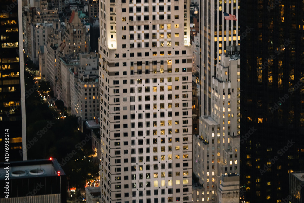 Aerial view of various high Manhattan skyscrapers buildings with ...