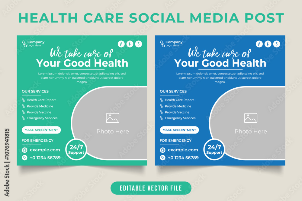 Medical advertisement social media post vector with blue and aqua ...