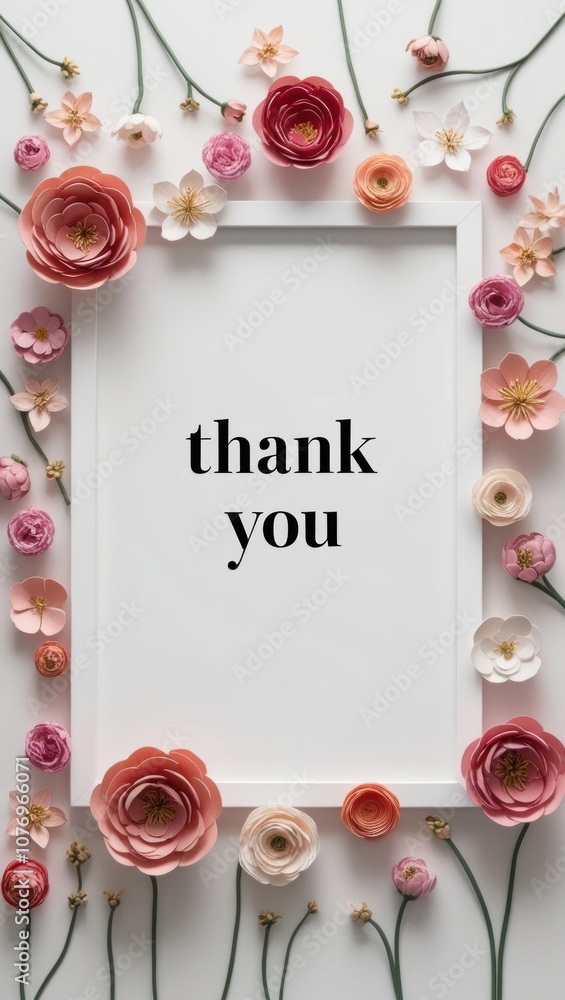 Thank you card template design, with a beautiful paper flower frame on ...