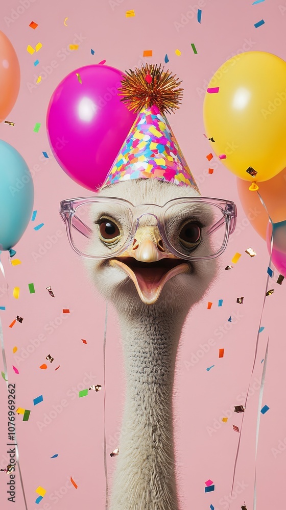 Happy Birthday Celebration, Party Time, Ostrich with Glasses and Party ...