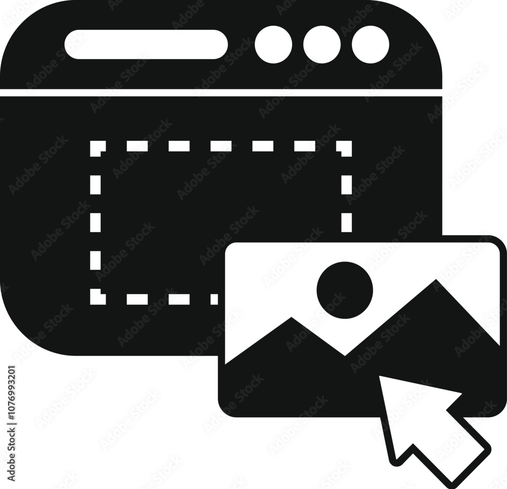 Web browser window displaying an image icon being clicked by a cursor ...