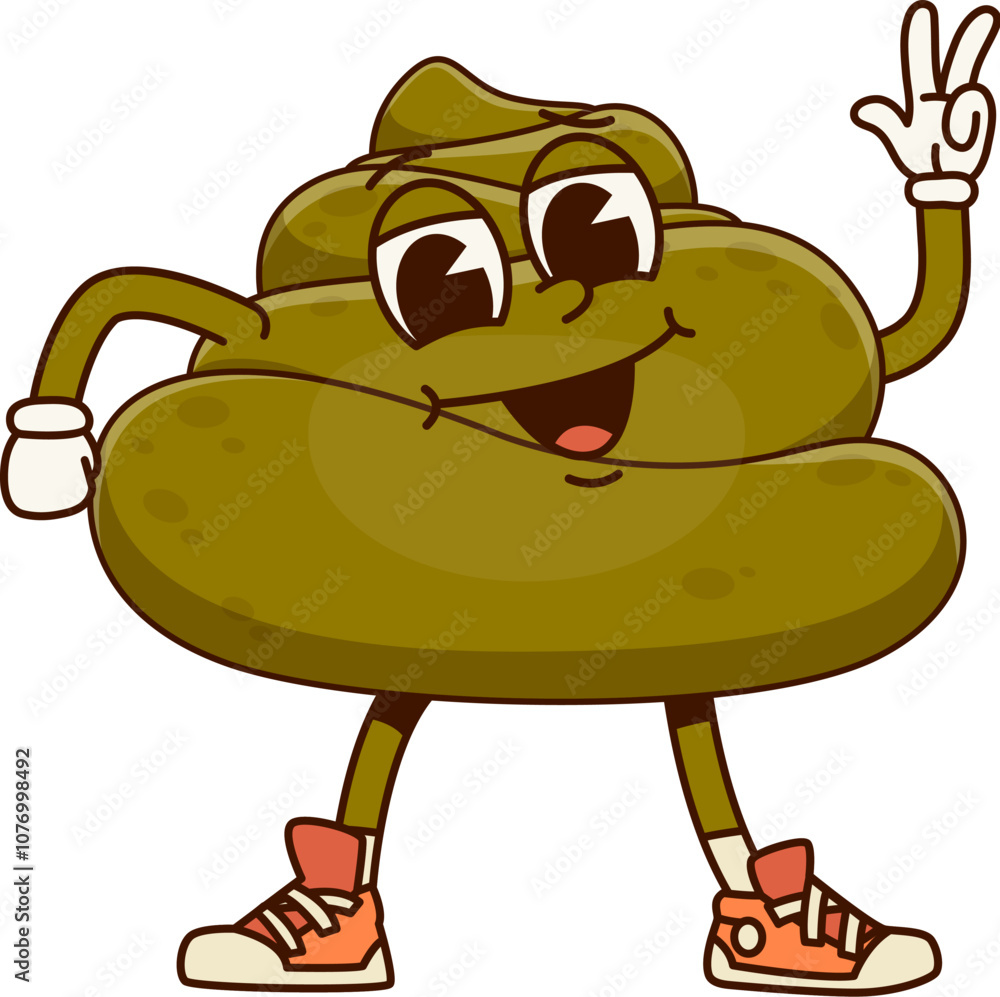 Groovy poop character, cartoon poo emoticon. Poo cartoon groovy retro ...