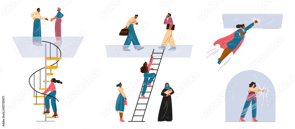 Set of illustrations of women breaking glass ceiling and climbing ...