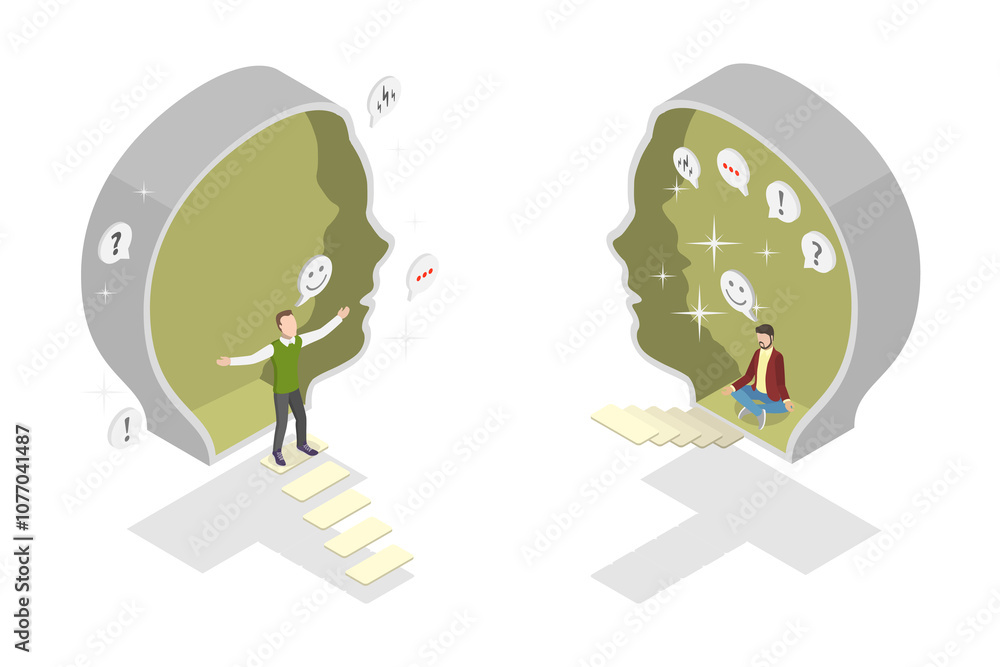 3D Isometric Flat Illustration of Introvert Vs Extrovert, Human ...