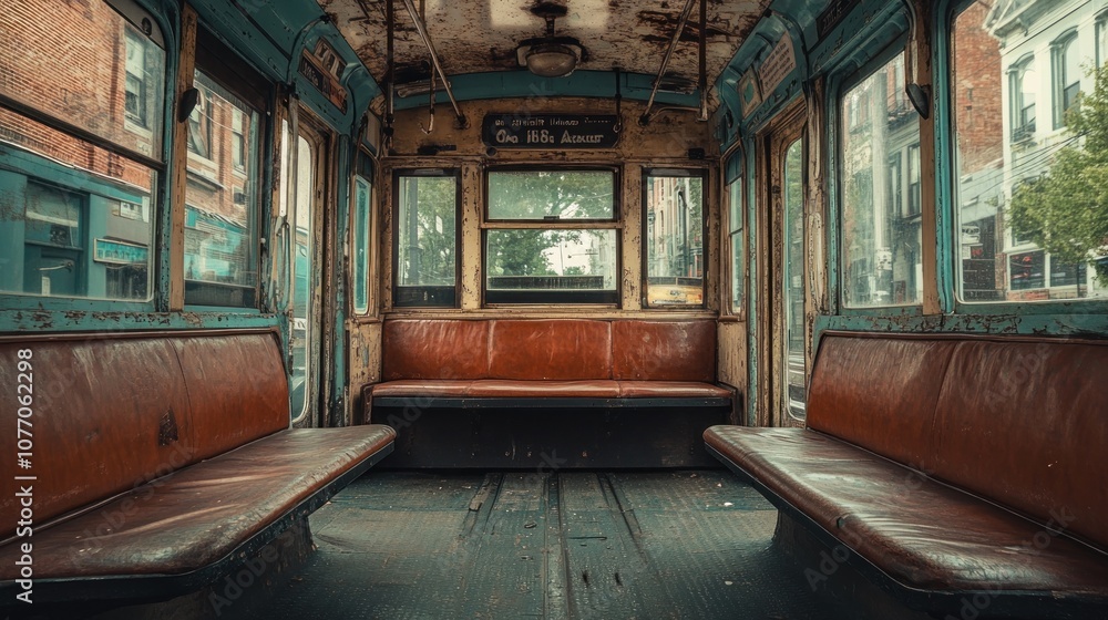 The interior of a vintage, empty tram with leather seats and wooden ...