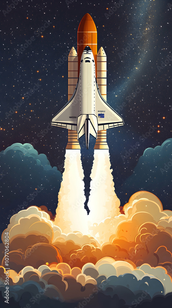 A white space shuttle launches into space, leaving a trail of fire and ...
