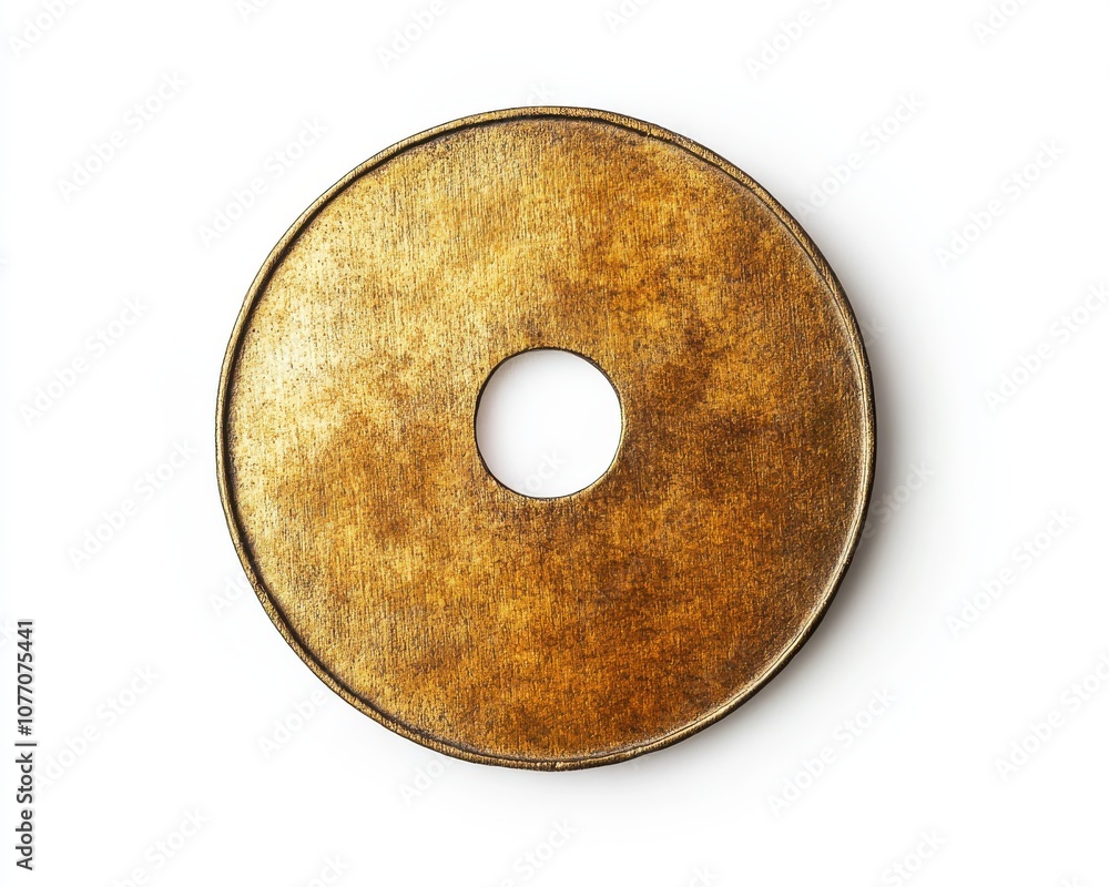 Vintage bronze coin with a round hole in the center, white isolate ...