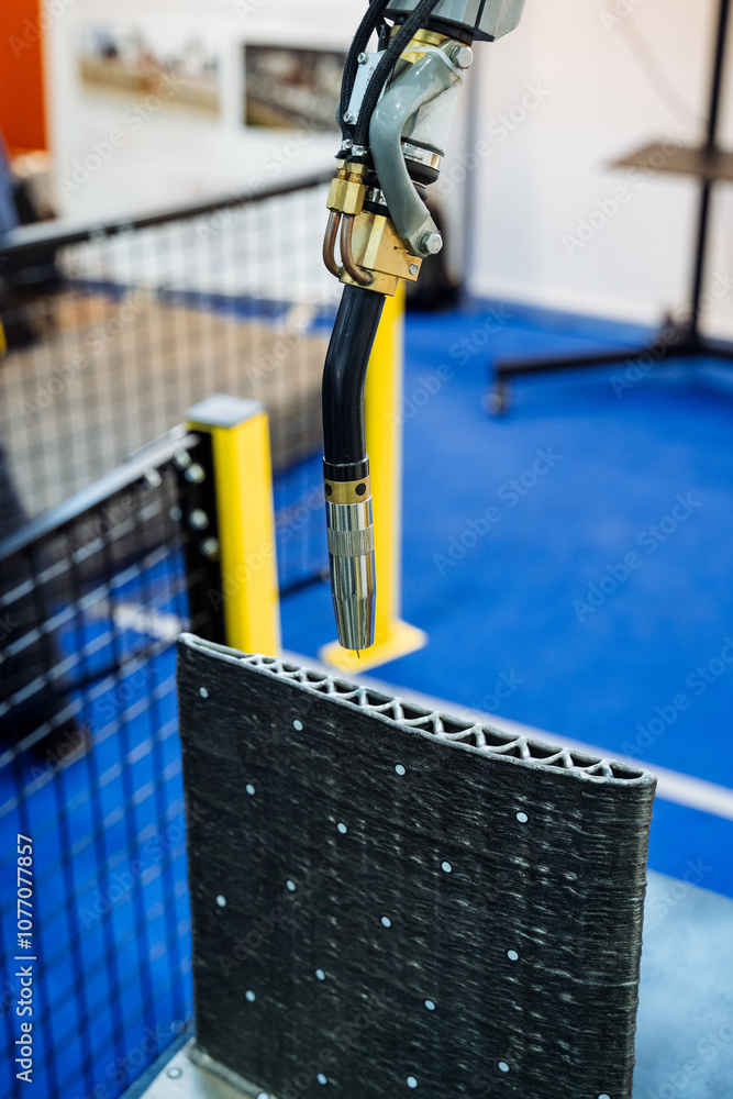 A highly advanced robotic arm is skillfully welding together a piece of ...