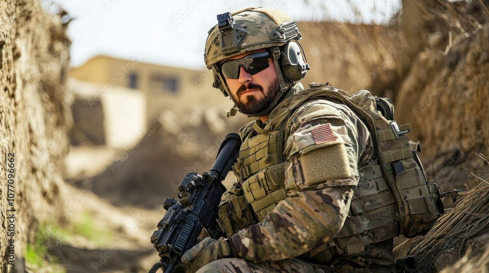 Special forces soldier in full uniform poses in studio background ...