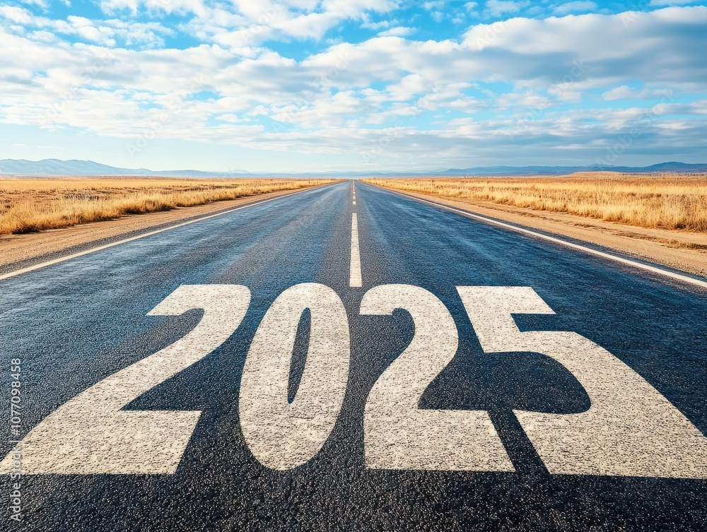Asphalt road stretching into the distance, with the words 2025 painted ...