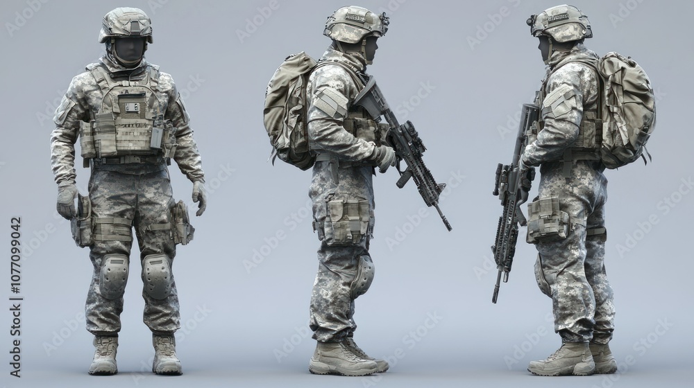 Special forces soldier in full uniform poses miniature models in studio ...