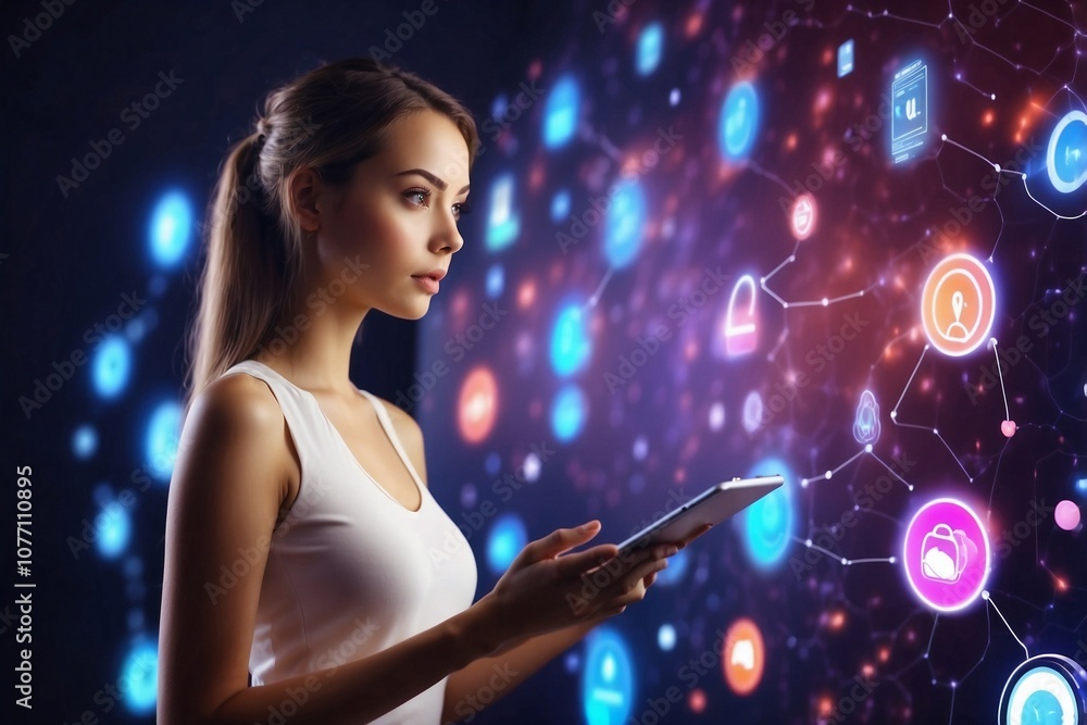 Beautiful Stylish Young Woman in Virtual Space Choosing Virtual ...