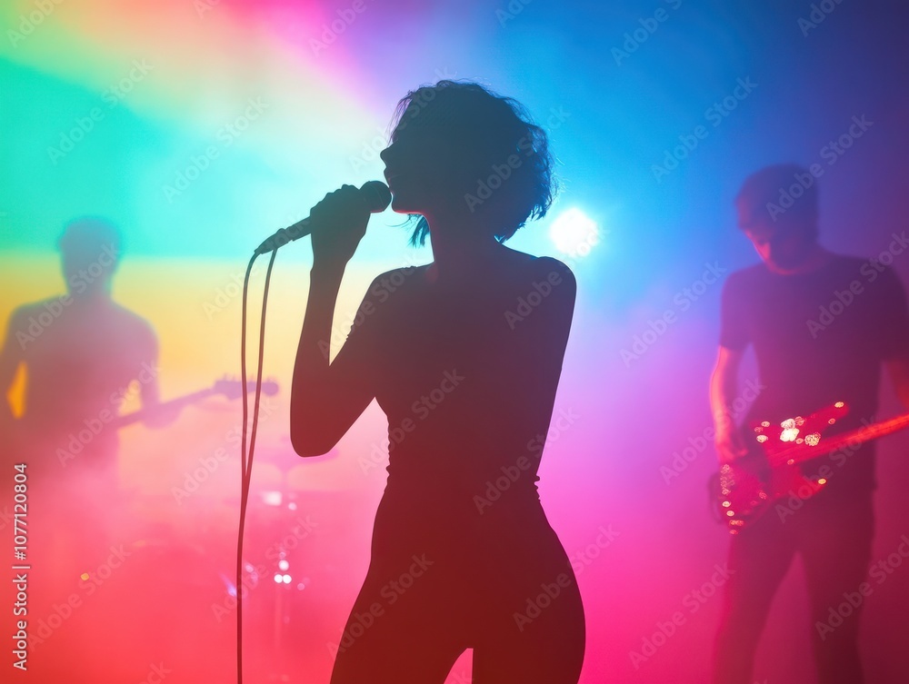 Dynamic silhouette of a female vocalist performing live with her band ...