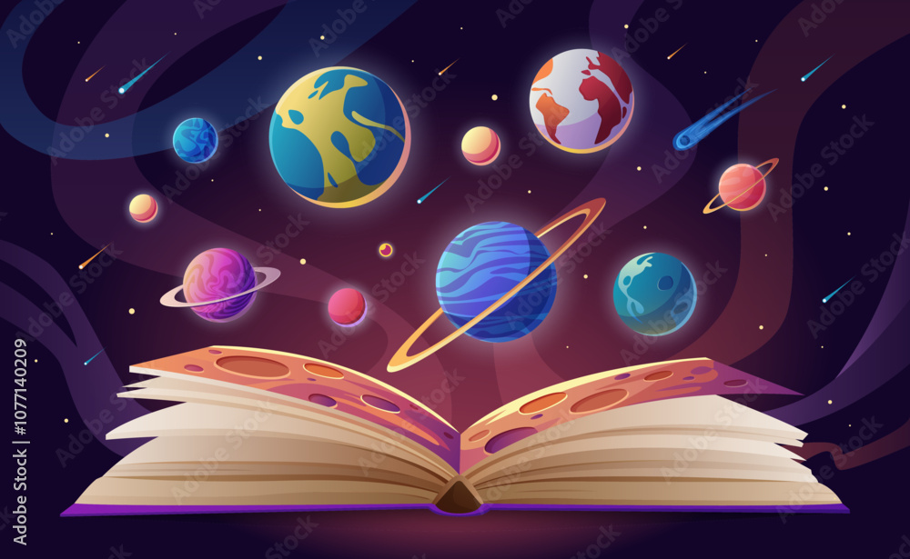 Open book with fantasy space adventure, planet of Solar system, travel ...