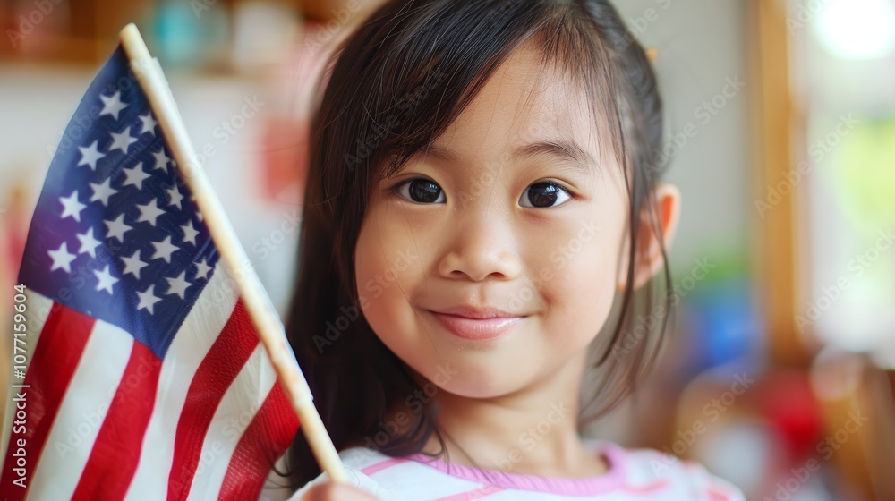Happy little asian girl holding American flag on blurred bokeh nature ...