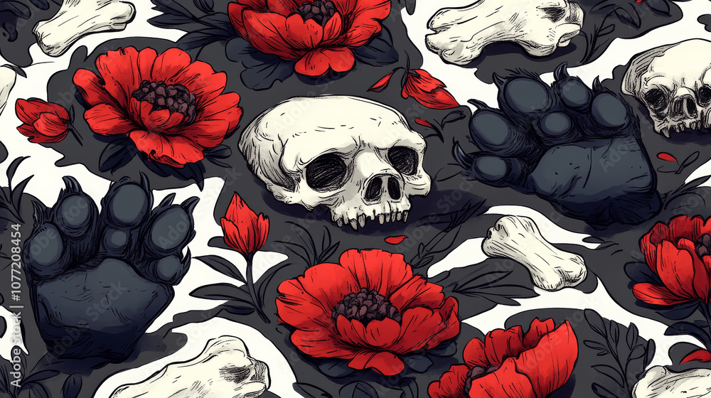 Skulls, flowers, and paw prints create striking pattern with dark ...