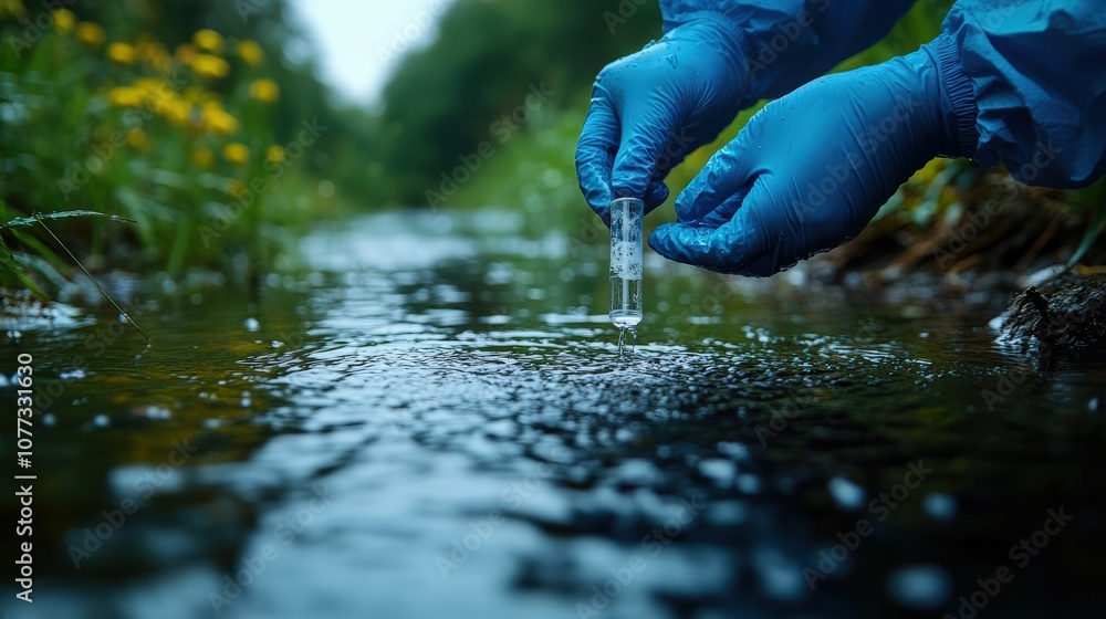 A hand in a glove collects a water sample in a test tube, representing ...