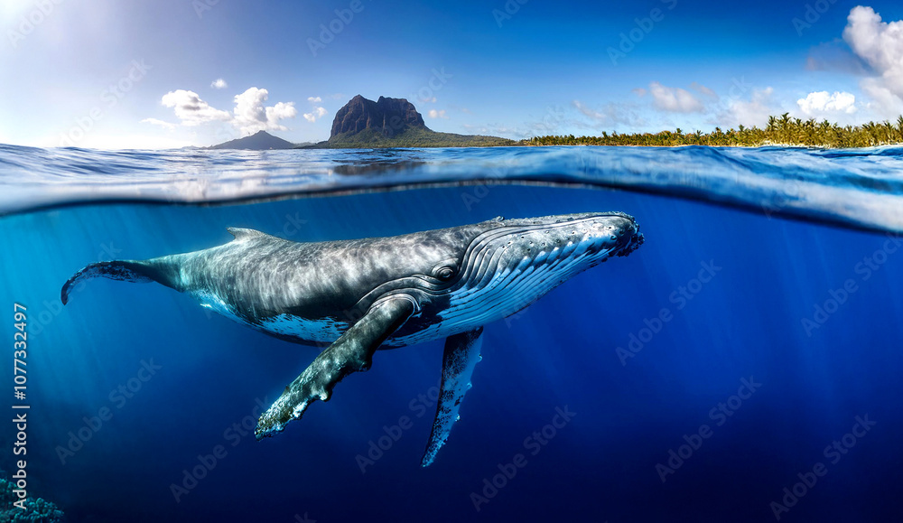Fotografie Indian Ocean, Mauritius Whale and humpback whale and vibrant ...