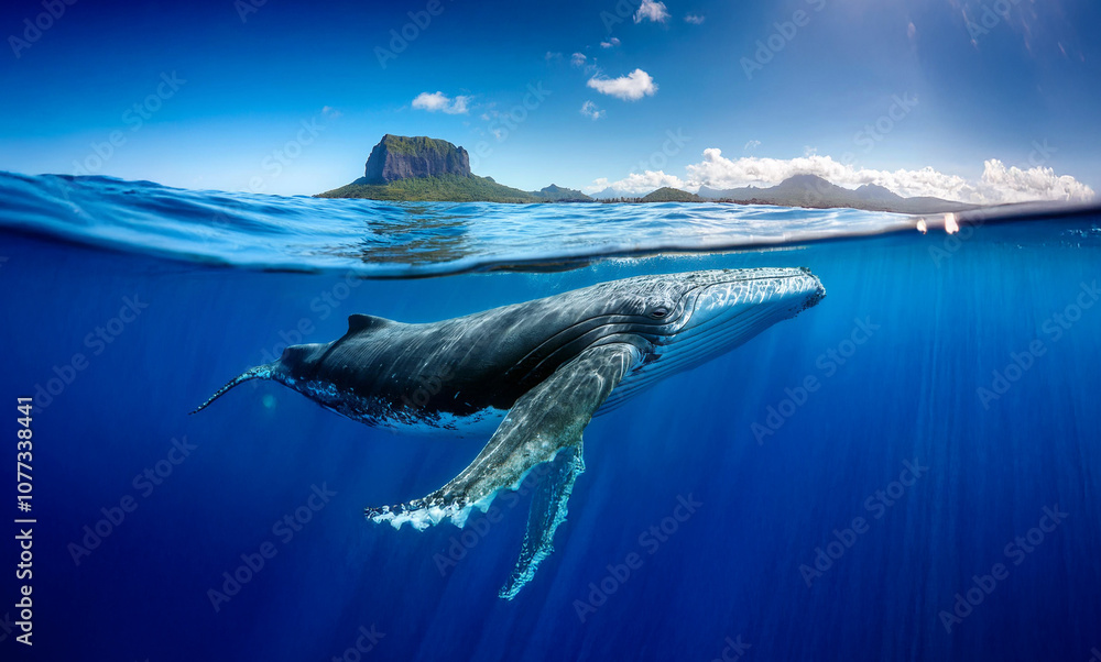 Indian Ocean, Mauritius Whale and humpback whale and vibrant coral ...