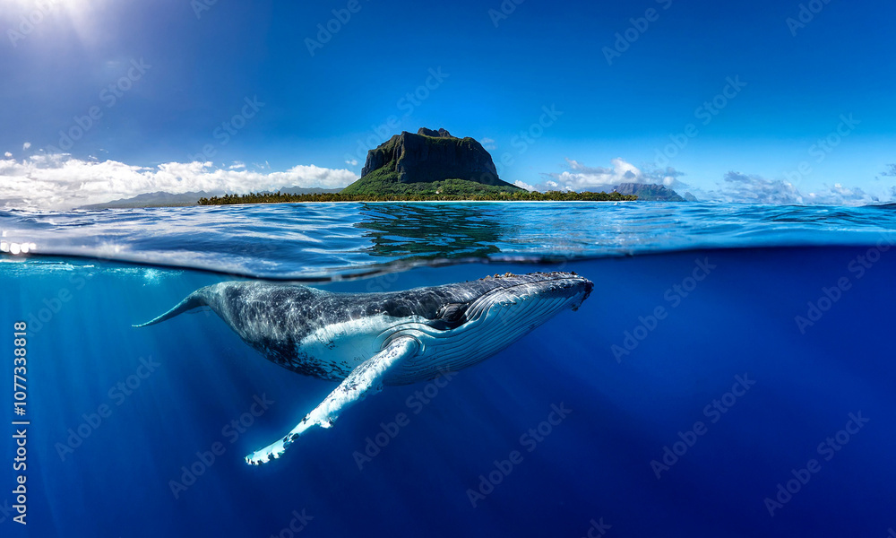 Indian Ocean, Mauritius Whale and humpback whale and vibrant coral ...