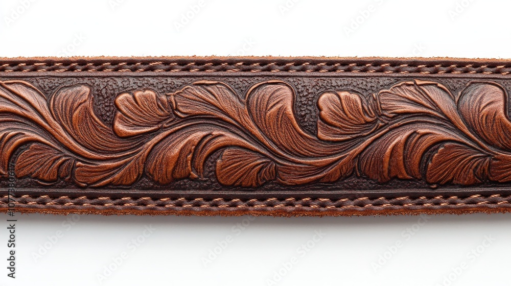 Intricately crafted leather belt with ornate floral embossing on a ...