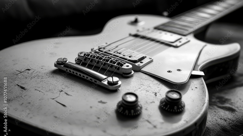The worn strings of a classic electric guitar display a journey of ...