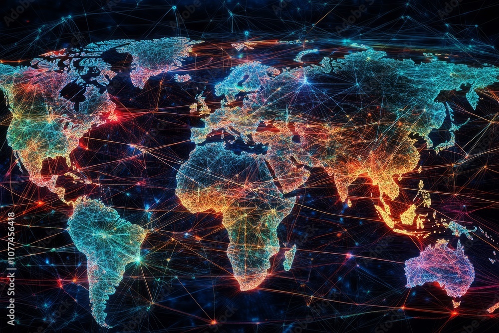 digital world map with interconnected lines linking various countries ...