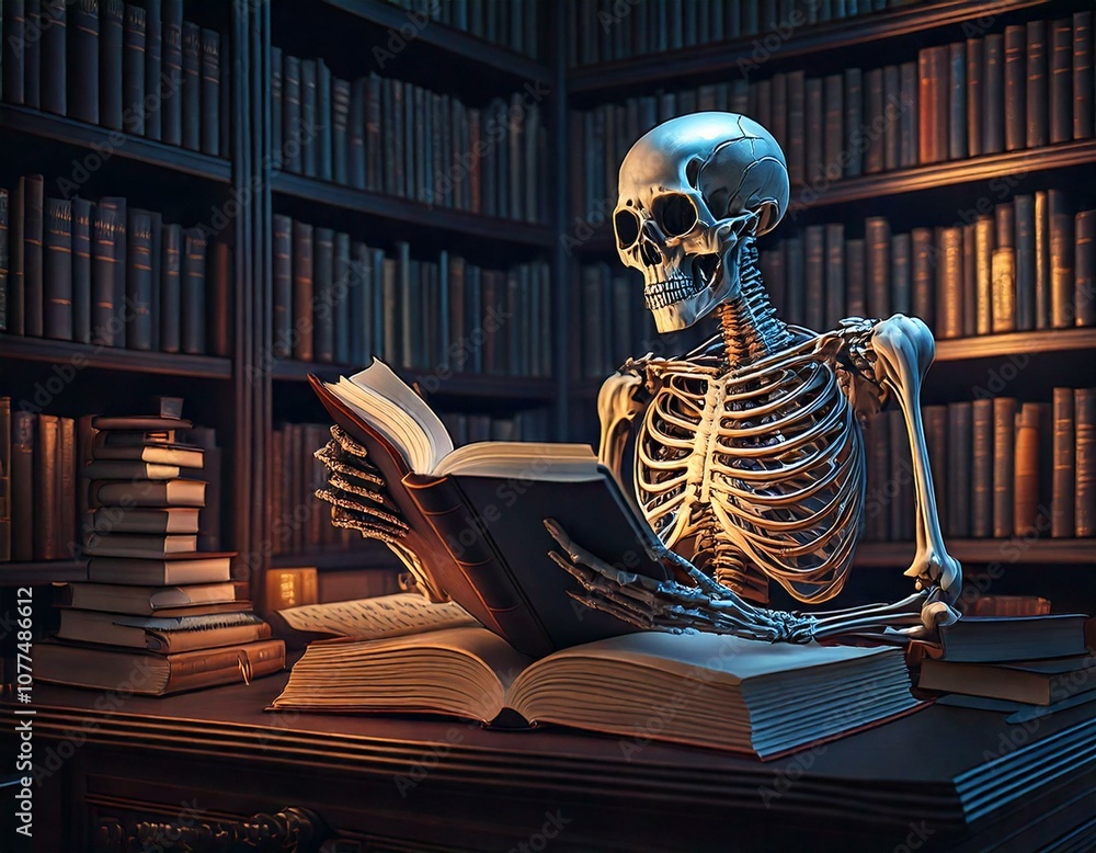Skeleton, read, book, library, dark, room, scientific, department, old ...