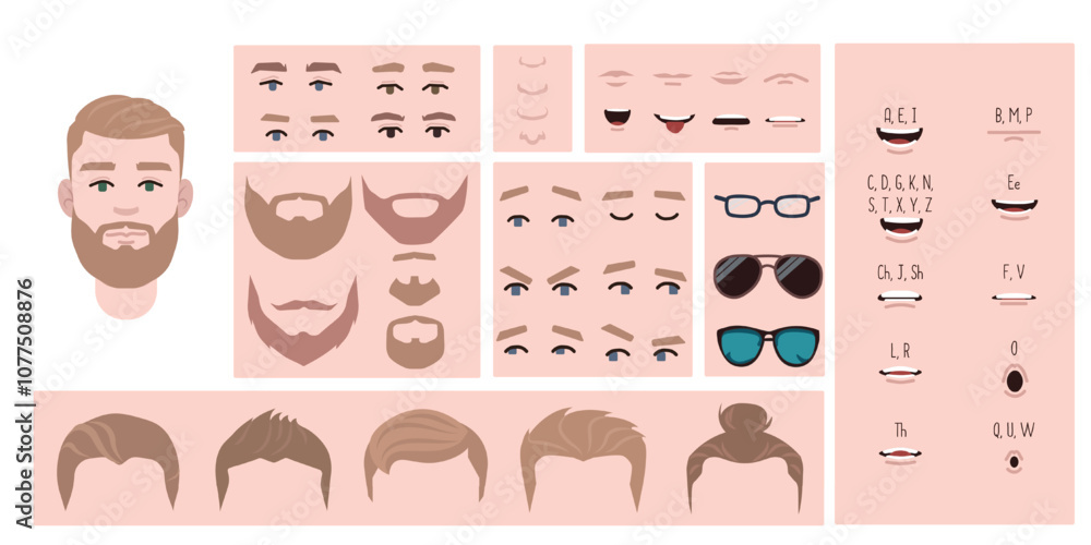 Man face constructor, avatar of male character creation hairstyle, nose ...